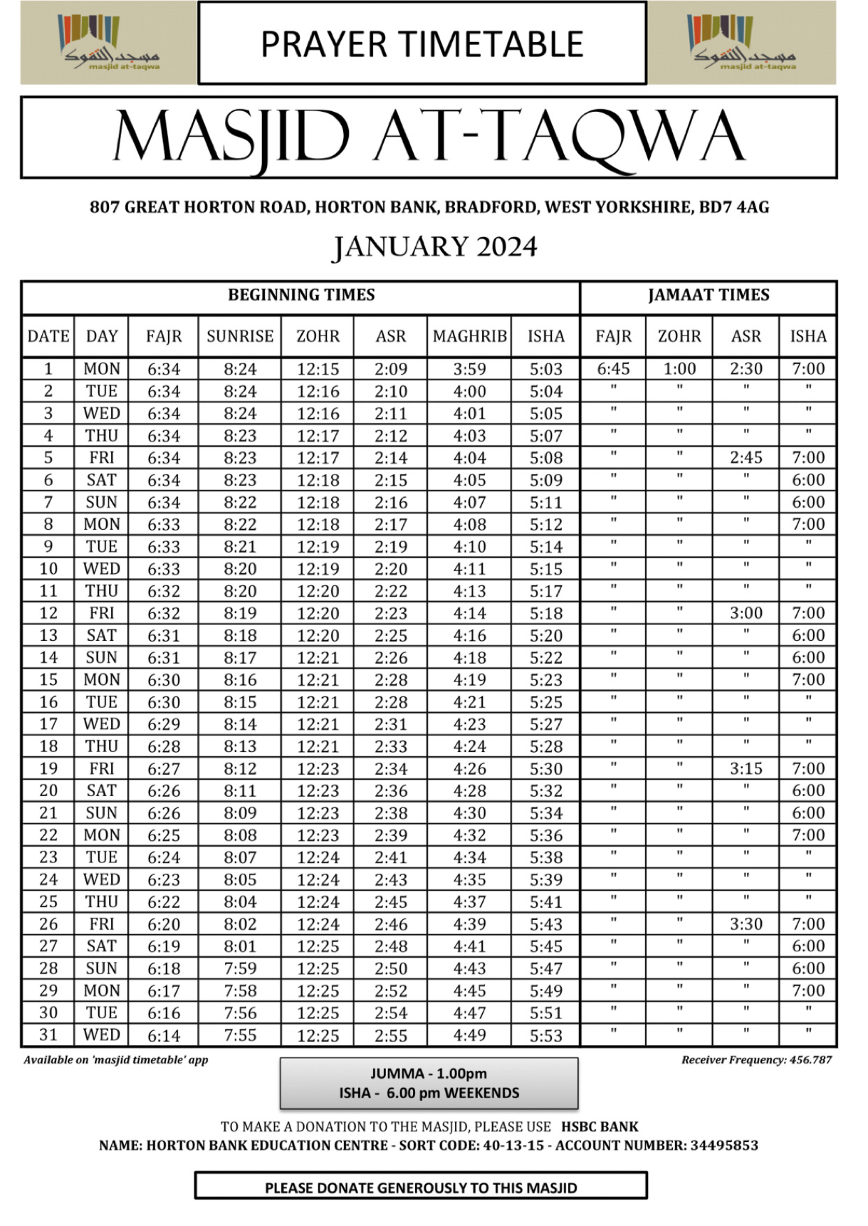 Timetable – Masjid At-Taqwa Bradford