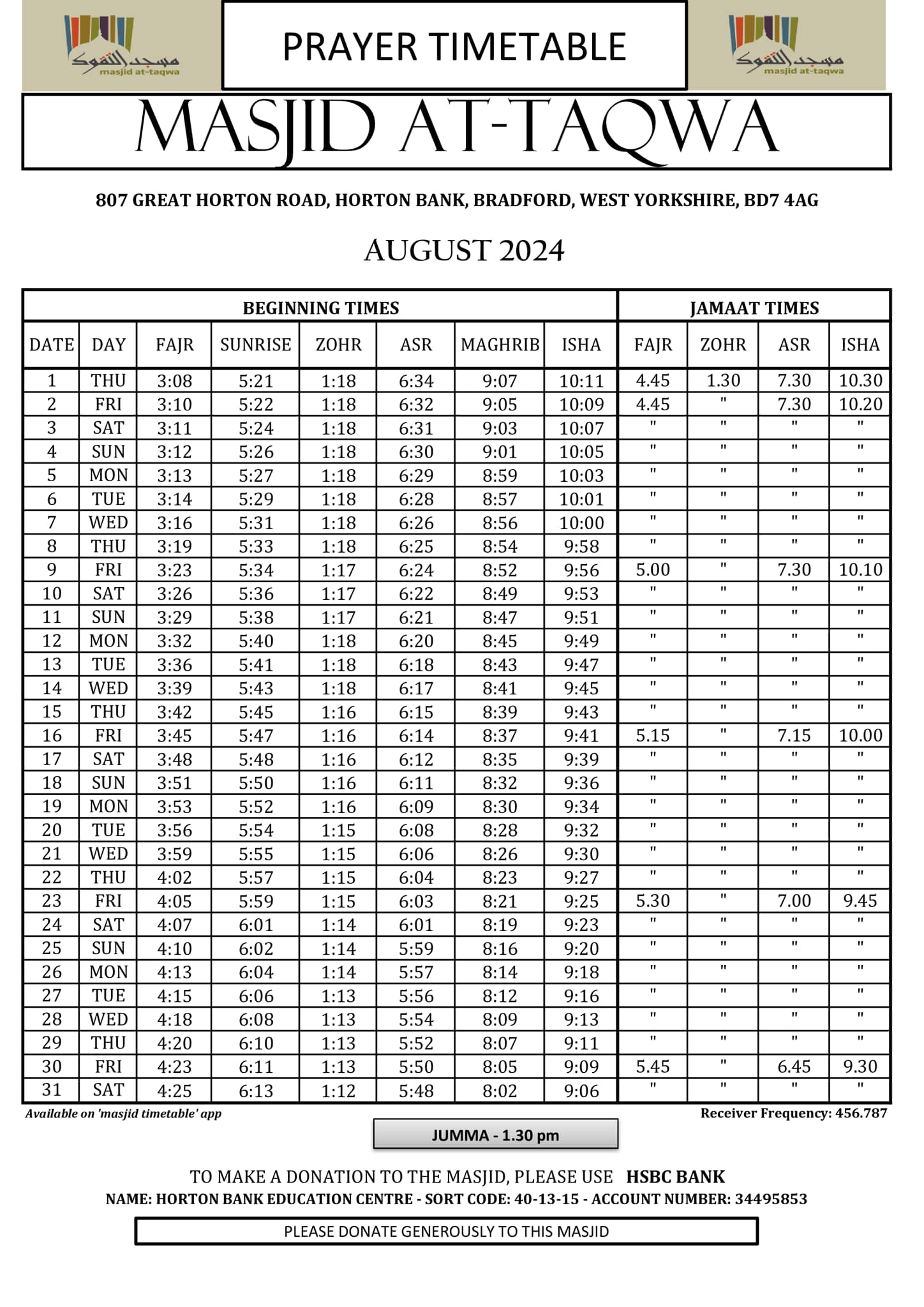 Timetable – Masjid At-Taqwa Bradford