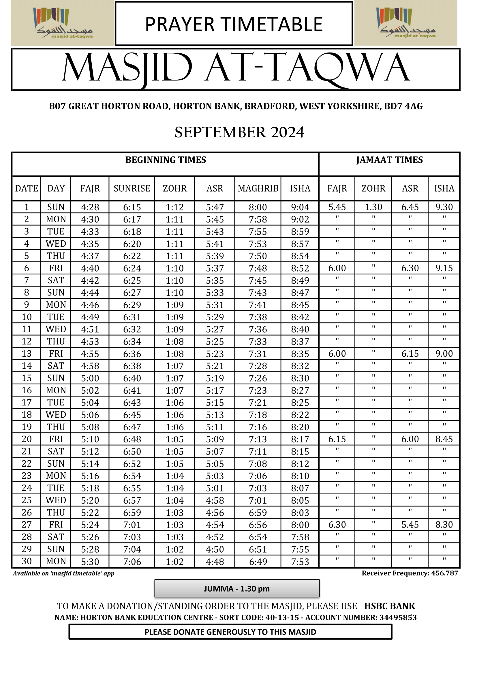 Timetable – Masjid At-Taqwa Bradford